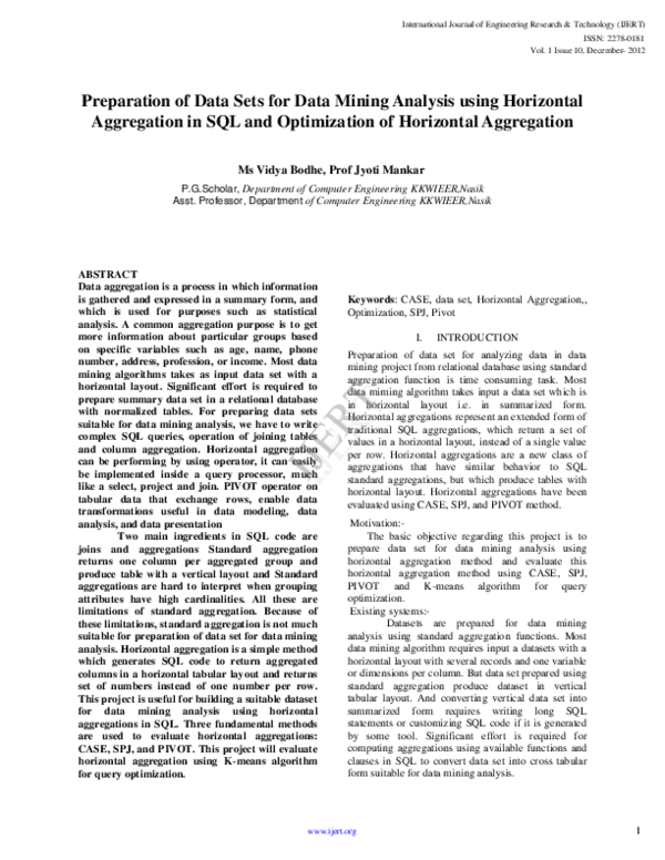 Pdf Ijert Preparation Of Data Sets For Data Mining Analysis Using Horizontal Aggregation In