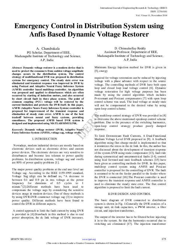 Pdf Ijert Emergency Control In Distribution System Using Anfis Based Dynamic Voltage Restorer