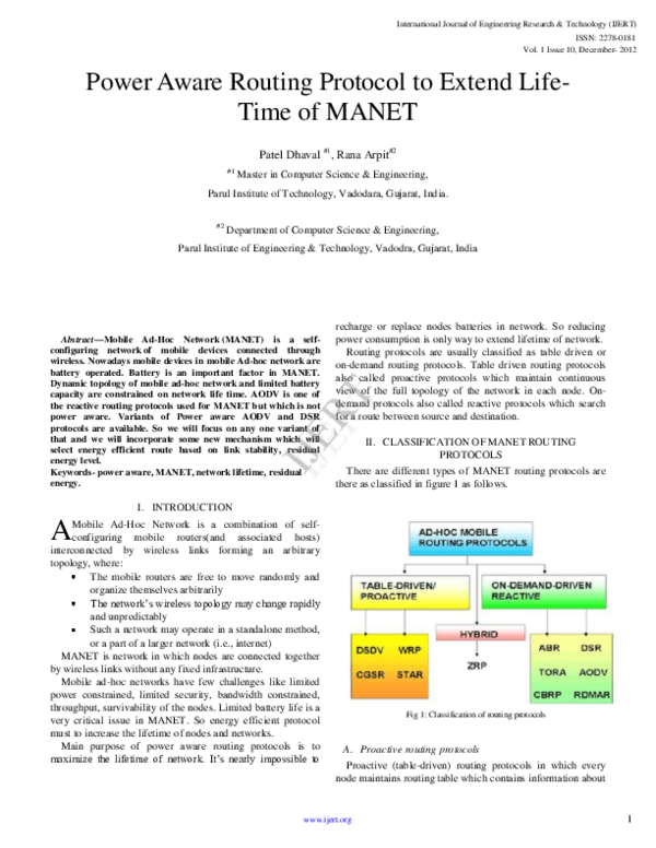 Pdf Ijert Power Aware Routing Protocol To Extend Life Time Of Manet Ijert Journal