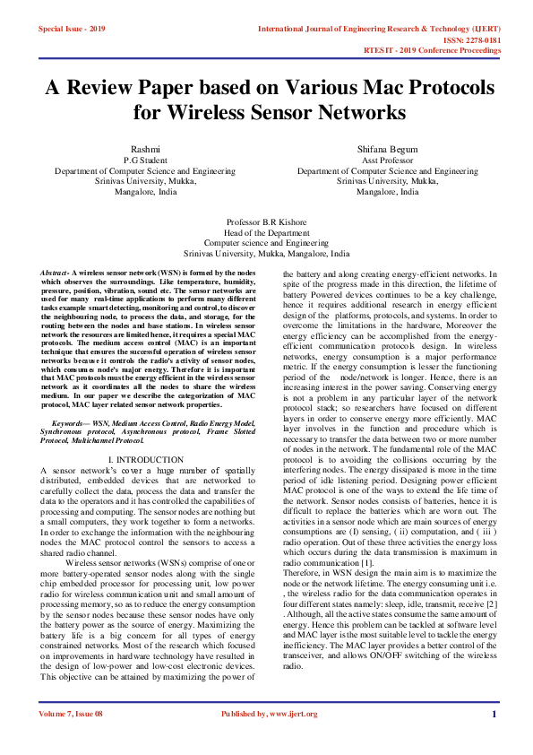 Pdf Ijert A Review Paper Based On Various Mac Protocols For Wireless Sensor Networks