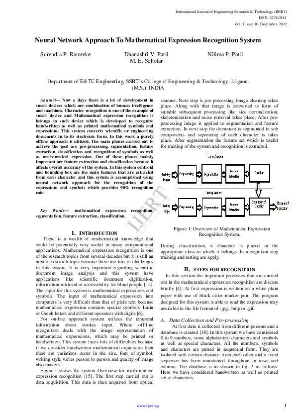Pdf Ijert Neural Network Approach To Mathematical Expression Recognition System Ijert