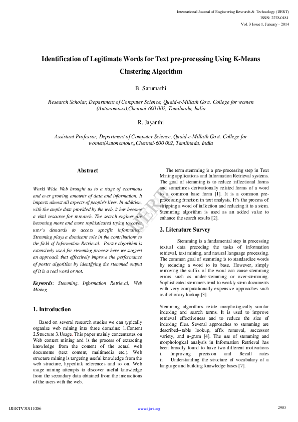 (PDF) IJERT-Identification of Legitimate Words for Text pre-processing Using K-Means Clustering ...