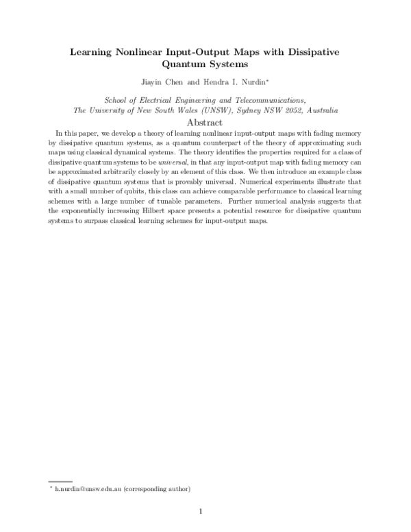 Pdf Learning Nonlinear Input Output Maps With Dissipative Quantum Systems