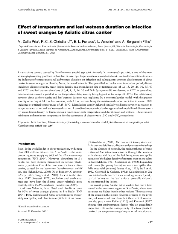 Pdf Effect Of Temperature And Leaf Wetness Duration On Infection Of