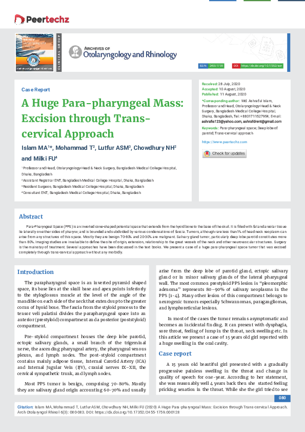 (PDF) A Huge Para-pharyngeal Mass: Excision through Trans-cervical Approach