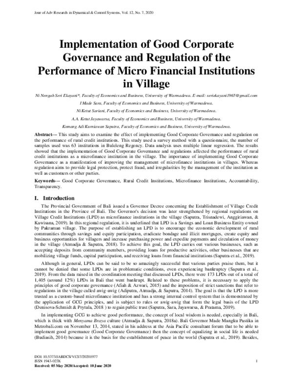 (PDF) Implementation of Good Corporate Governance and Regulation of the Performance of Micro ...