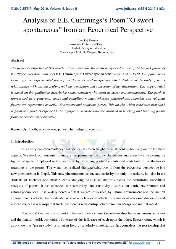 (PDF) Analysis of E.E. Cummings's Poem "O sweet spontaneous" from an ...