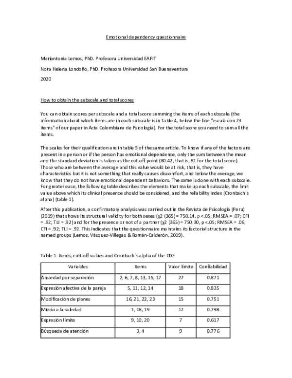 (PDF) Emotional dependency questionnaire: how to score