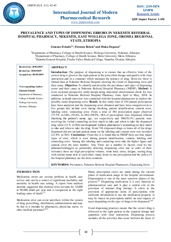 (PDF) PREVALENCE AND TYPES OF DISPENSING ERRORS IN NEKEMTE REFERRAL ...