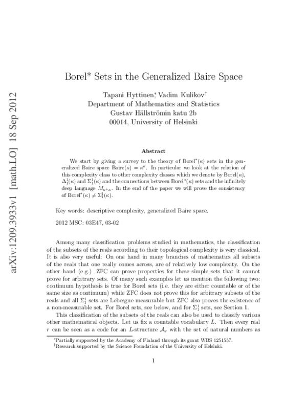 (PDF) Borel* Sets in the Generalised Baire Space