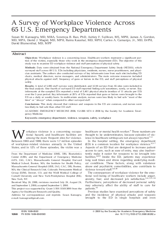 (PDF) A Survey of Workplace Violence Across 65 U.S. Emergency Departments
