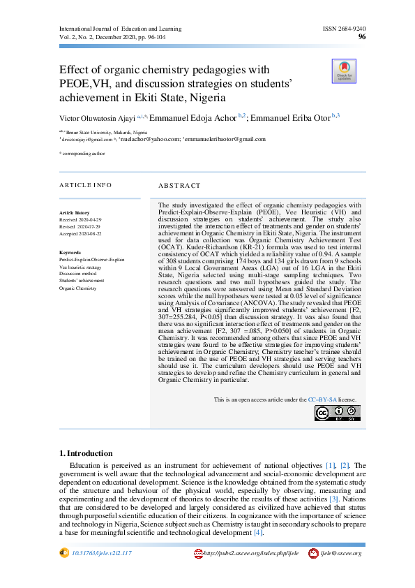 (PDF) Effect of Organic Chemistry Pedagogies with PEOE, VH, and Discussion Strategies on ...