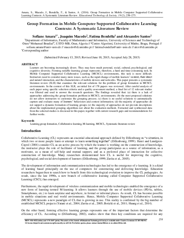Pdf Group Formation In Mobile Computer Supported Collaborative Learning Contexts A Systematic