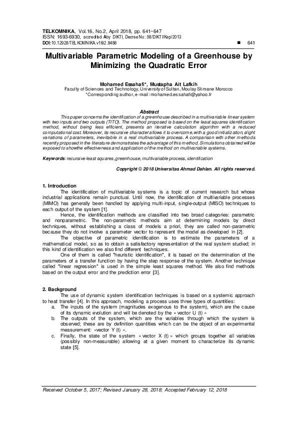 Pdf Multivariable Parametric Modeling Of A Greenhouse By Minimizing The Quadratic Error