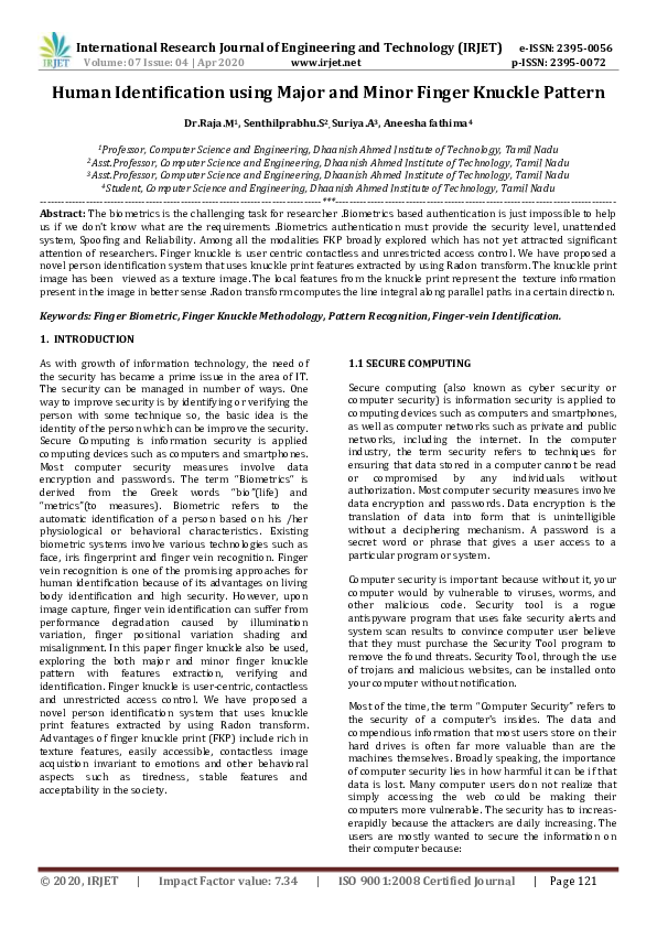 (PDF) IRJET- Human Identification using Major and Minor Finger Knuckle ...