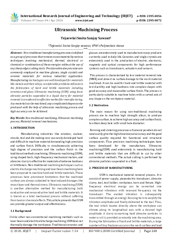 (PDF) IRJET- Ultrasonic Machining Process