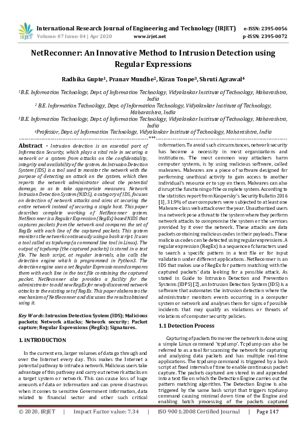 (PDF) IRJET- NetReconner: An Innovative Method to Intrusion Detection using Regular Expressions