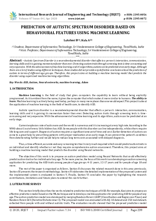 (PDF) IRJET- PREDICTION OF AUTISTIC SPECTRUM DISORDER BASED ON ...
