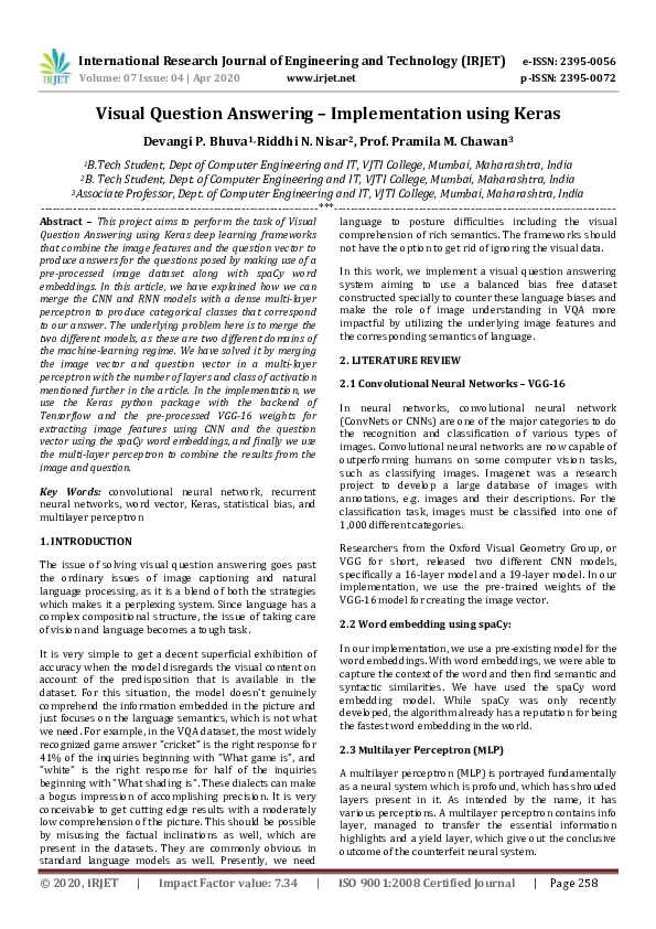 (PDF) IRJET- Visual Question Answering -Implementation using Keras