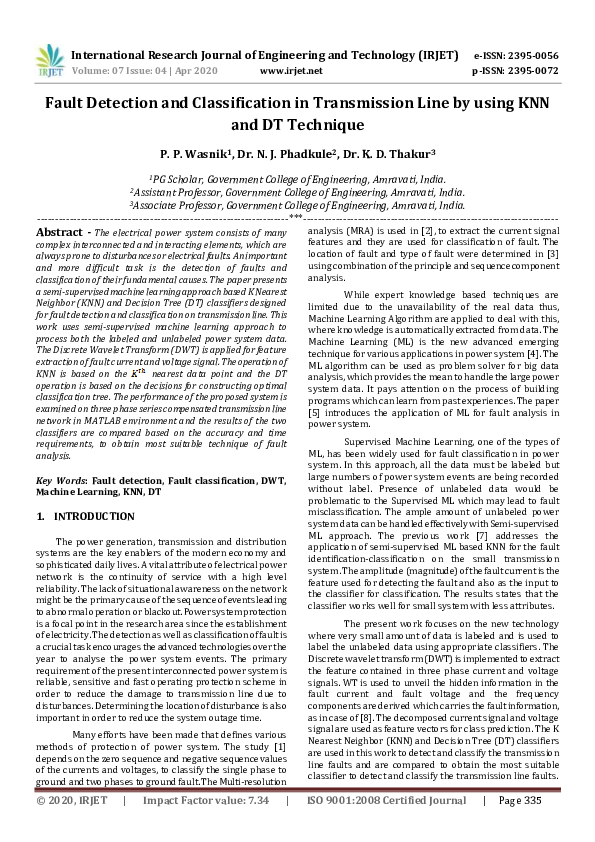 Pdf Irjet Fault Detection And Classification In Transmission Line By Using Knn And Dt Technique