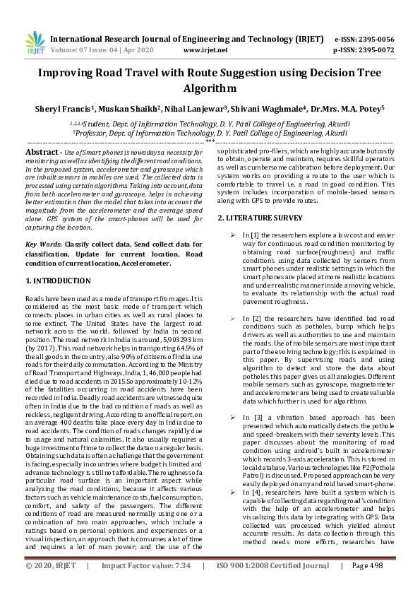 Pdf Irjet Improving Road Travel With Route Suggestion Using Decision Tree Algorithm