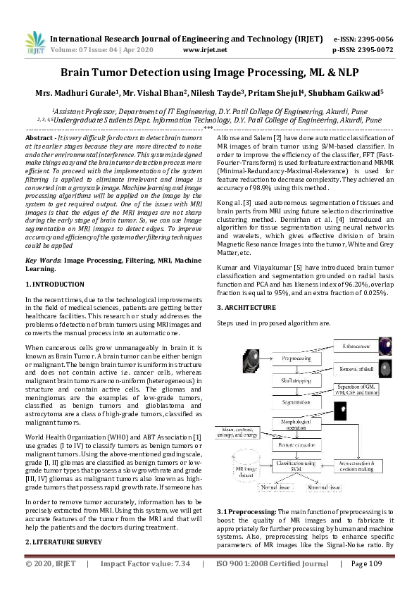 Pdf Irjet Brain Tumor Detection Using Image Processing Ml And Nlp