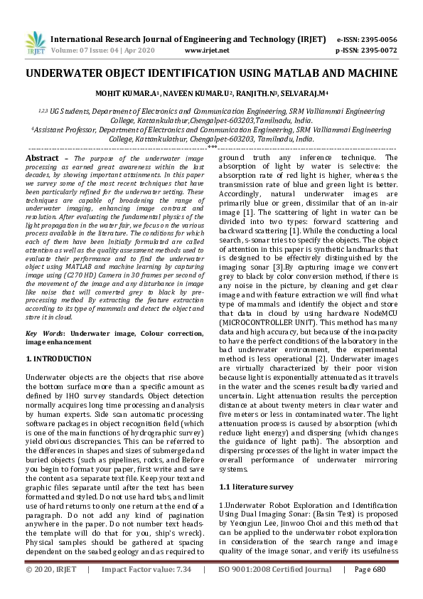 (PDF) IRJET- UNDERWATER OBJECT IDENTIFICATION USING MATLAB AND MACHINE