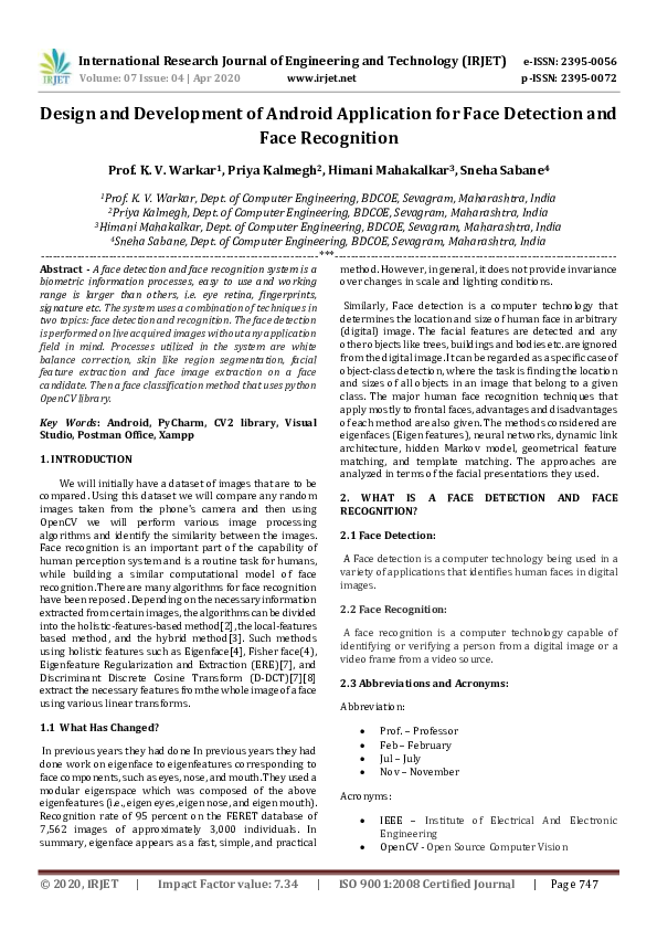 Pdf Irjet Design And Development Of Android Application For Face