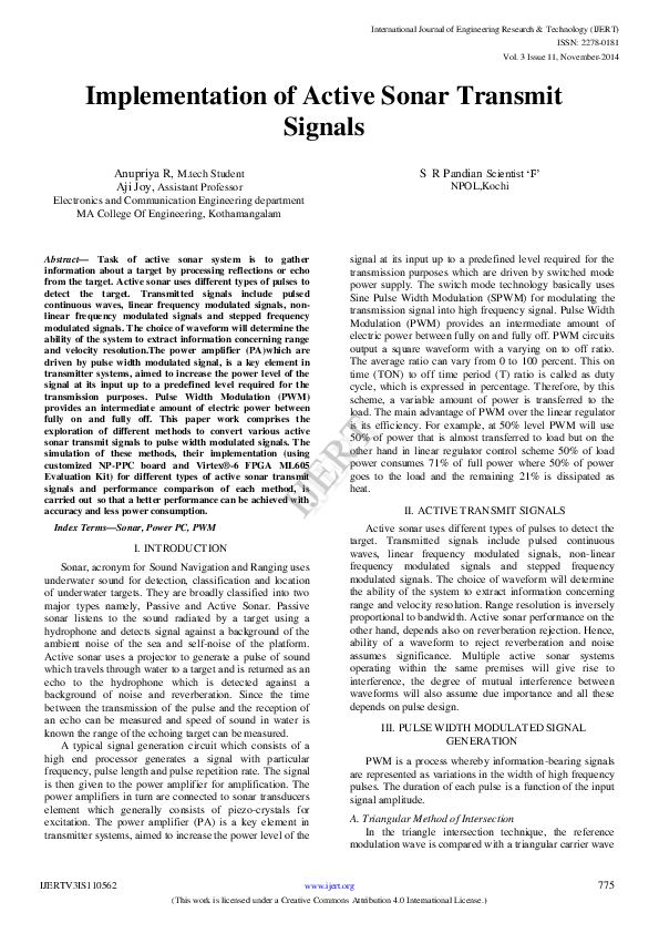 (PDF) IJERT-Implementation of Active Sonar Transmit Signals (PDF) IJERT-Implementation of Active Sonar Transmit Signals