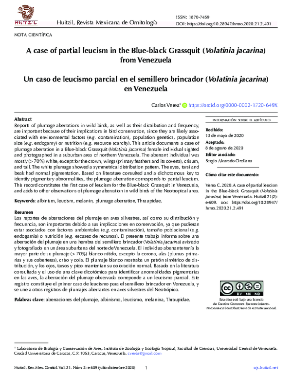 (PDF) A case of partial leucism in the Blue-black Grassquit (Volatinia ...