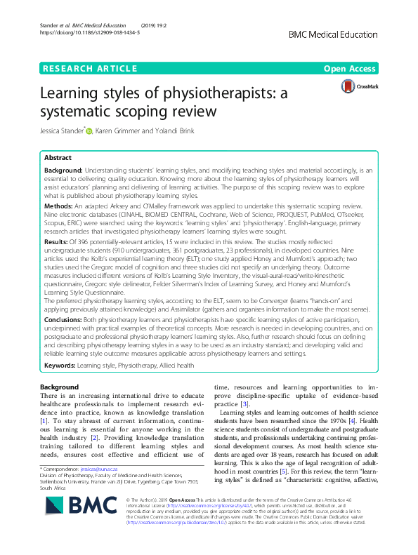 (PDF) Learning styles of physiotherapists: a systematic scoping review