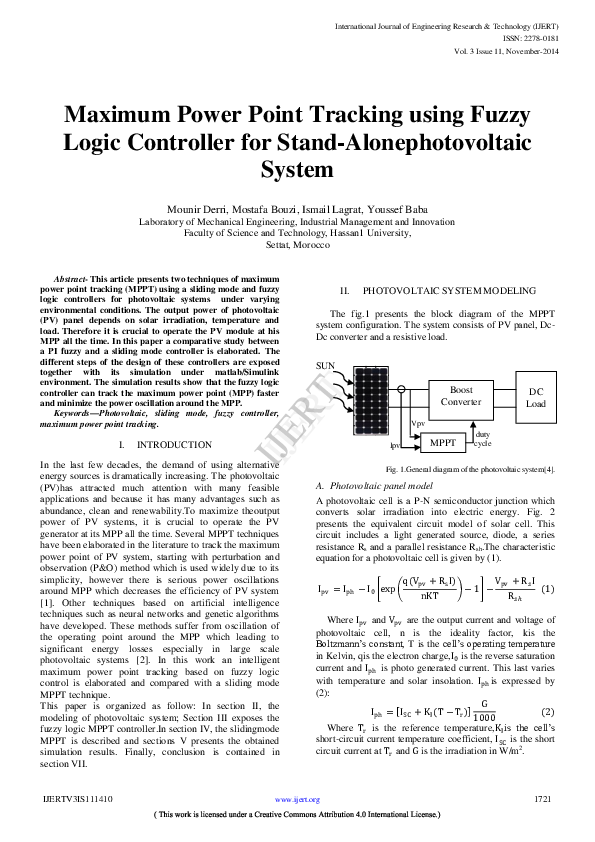 Pdf Ijert Maximum Power Point Tracking Using Fuzzy Logic Controller For Stand