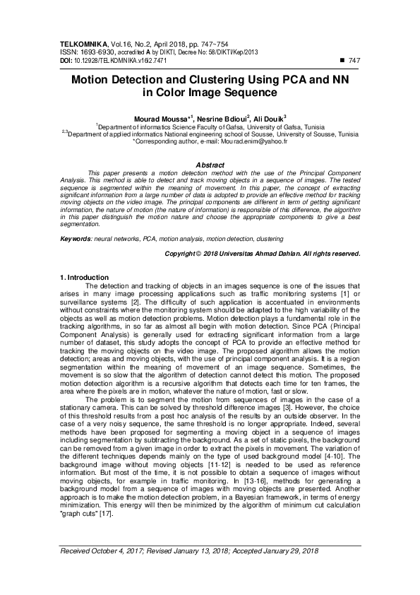 Pdf Motion Detection And Clustering Using Pca And Nn In Color Image Sequence