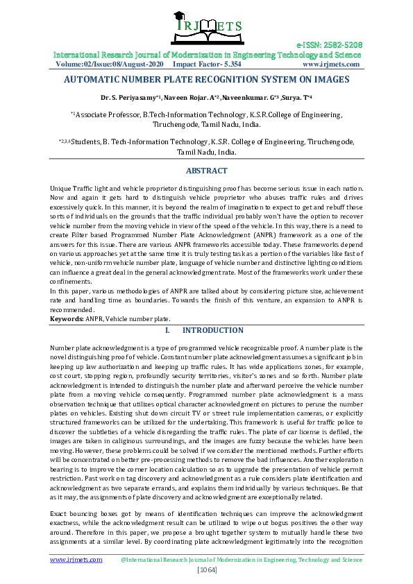 (PDF) Automatic number plate recognition system on images irjmets
