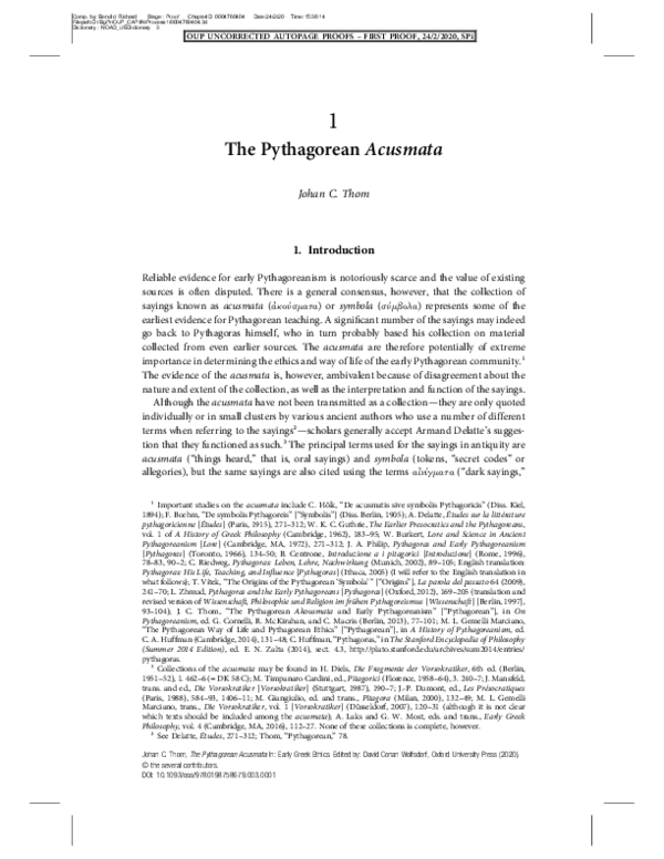 (PDF) The Pythagorean Acusmata. Chapter 1 of Early Greek Ethics, edited ...