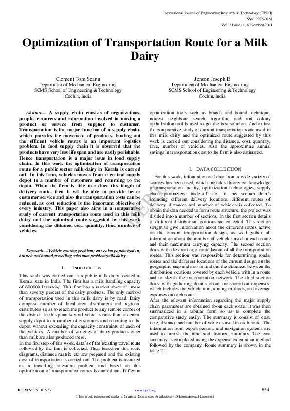(PDF) IJERT-Optimization of Transportation Route for a Milk Dairy