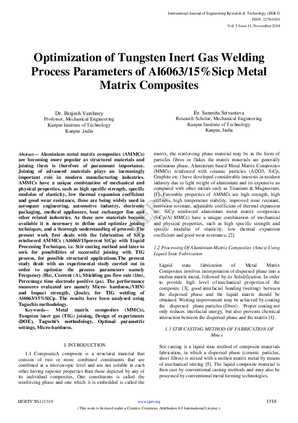 (PDF) IJERT-Optimization of Tungsten Inert Gas Welding Process Parameters of Al6063/15%Sicp ...
