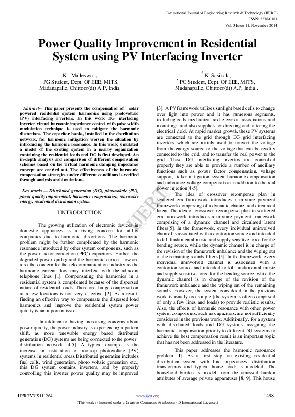(PDF) IJERT-Power Quality Improvement in Residential System using PV Interfacing Inverter