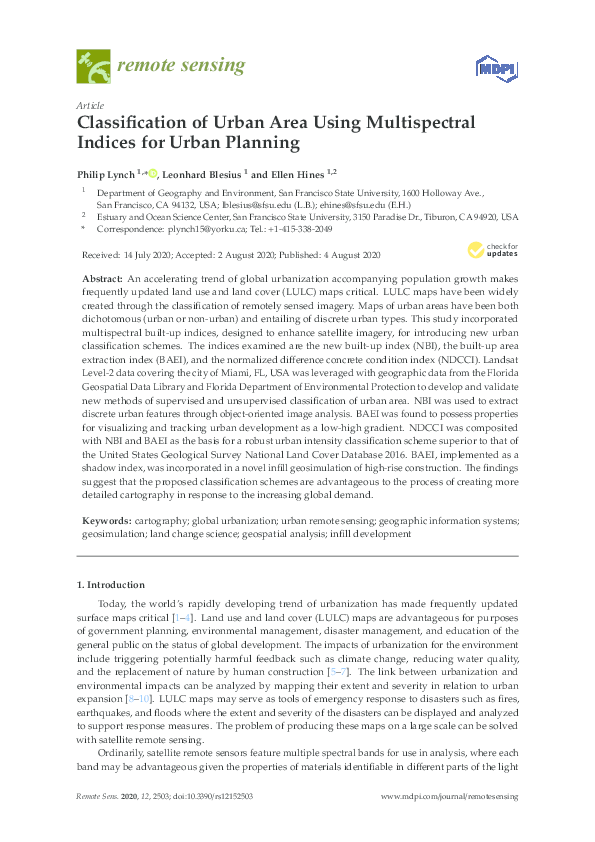(PDF) Remote Sensing Classification of Urban Area Using Multispectral Indices for Urban Planning