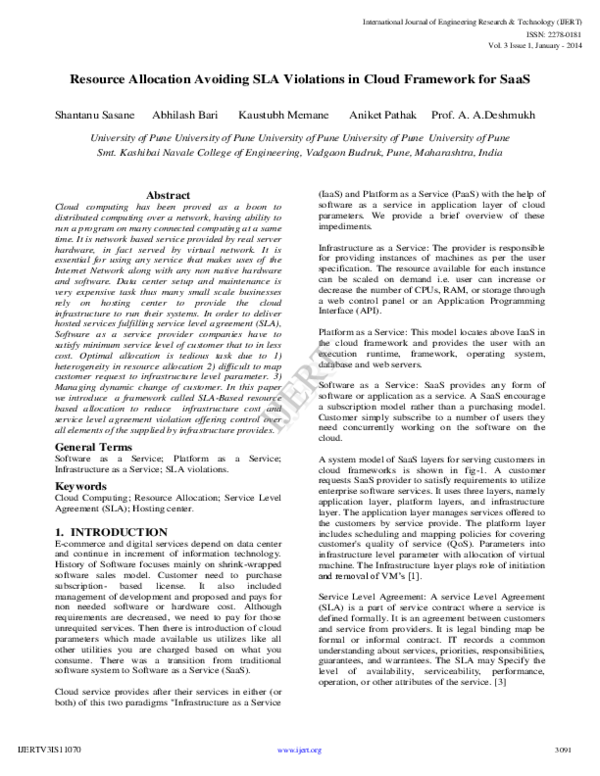 Pdf Ijert Resource Allocation Avoiding Sla Violations In Cloud Framework For Saas