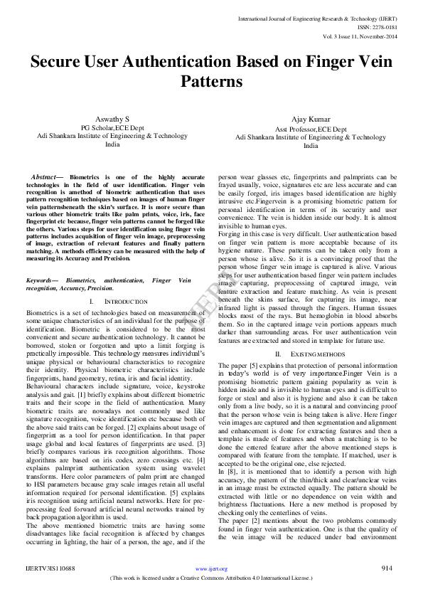 Pdf Ijert Secure User Authentication Based On Finger Vein Patterns