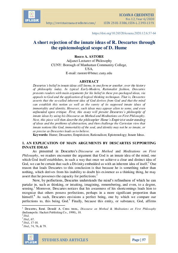 (PDF) A Short Rejection of the Innate Ideas of Descartes via the ...