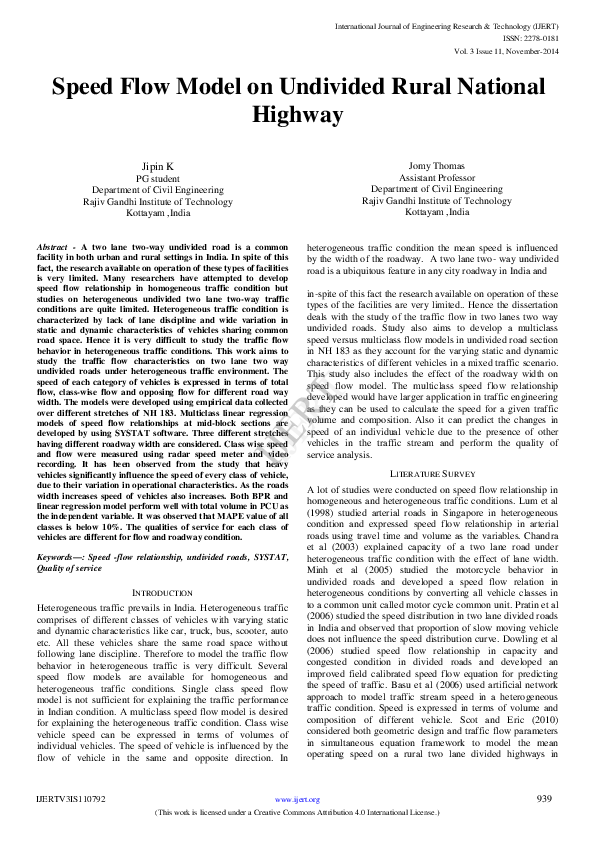 (PDF) IJERT-Speed Flow Model on Undivided Rural National Highway