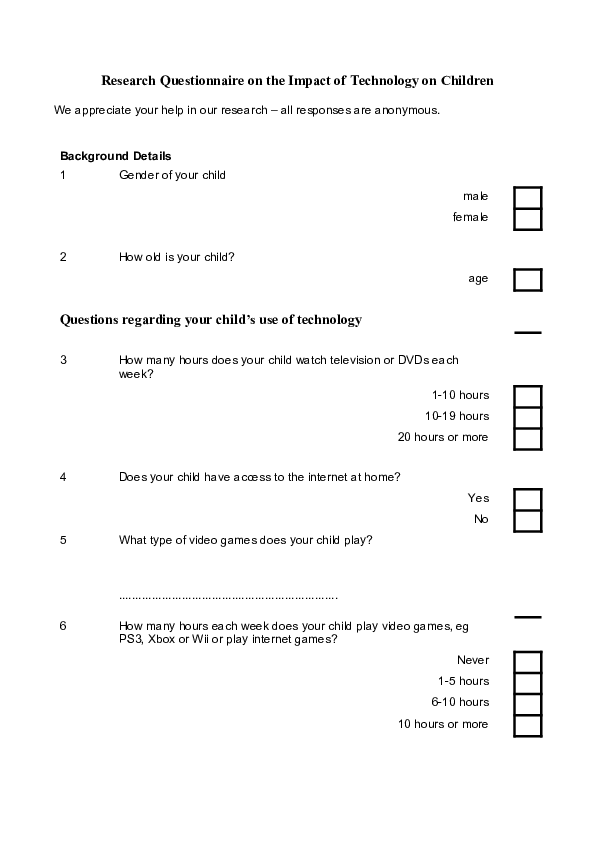 (DOC) Research Questionnaire on the Impact of Technology on Children