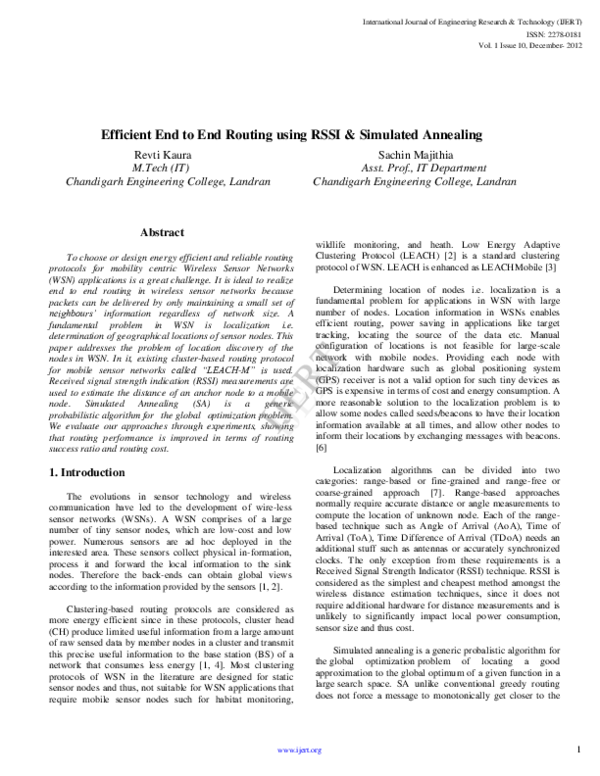 Pdf End To End Routing In Wsns Using Rssi And Sa