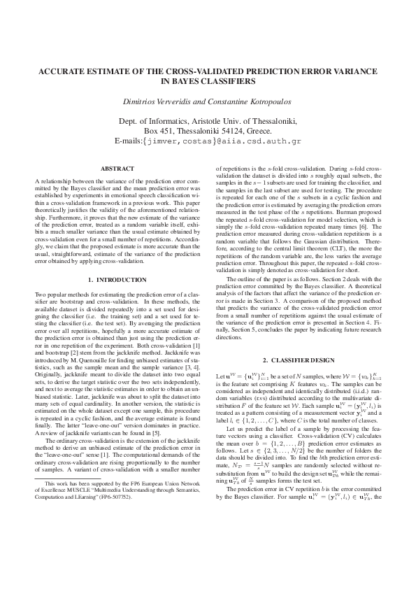 Pdf Accurate Estimate Of The Cross Validated Prediction Error Variance In Bayes Classifiers