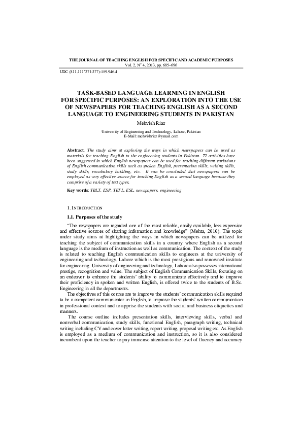 (PDF) TASK-BASED LANGUAGE LEARNING IN ENGLISH FOR SPECIFIC PURPOSES: AN ...