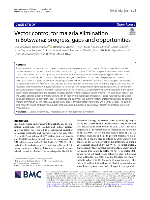 (PDF) Vector control for malaria elimination in Botswana: progress ...