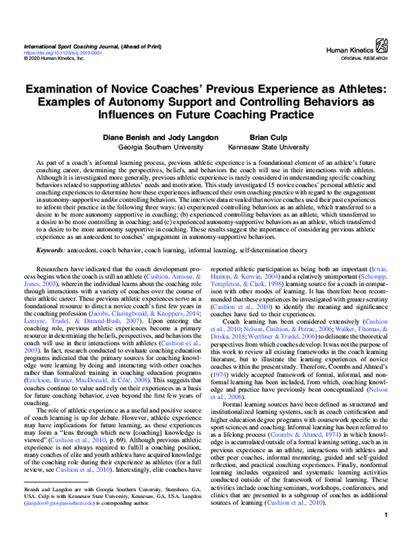(PDF) Examination of Novice Coaches' Previous Experience as Athletes ...