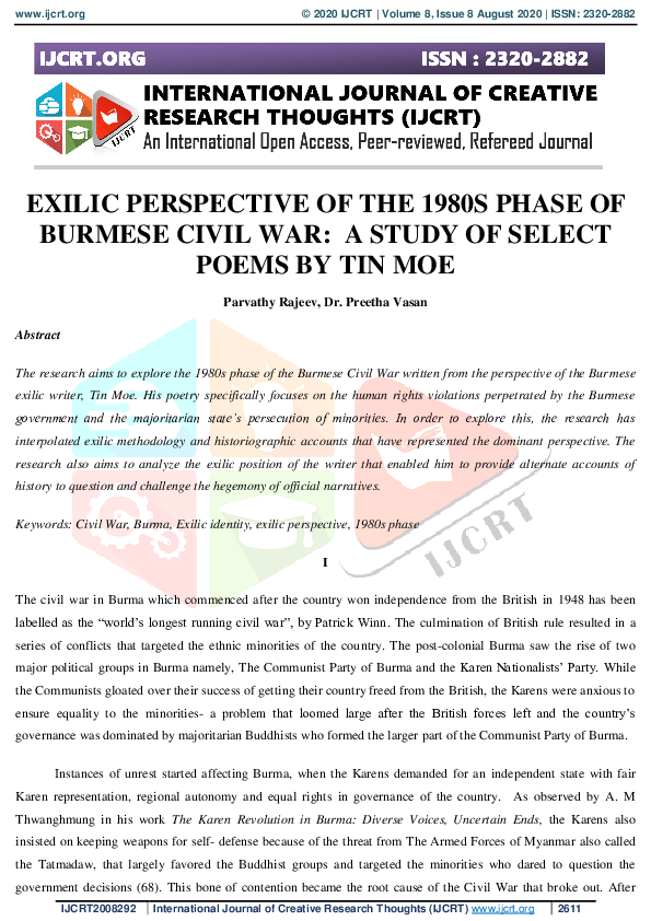 (PDF) EXILIC PERSPECTIVE OF THE 1980S PHASE OF BURMESE CIVIL WAR: A ...